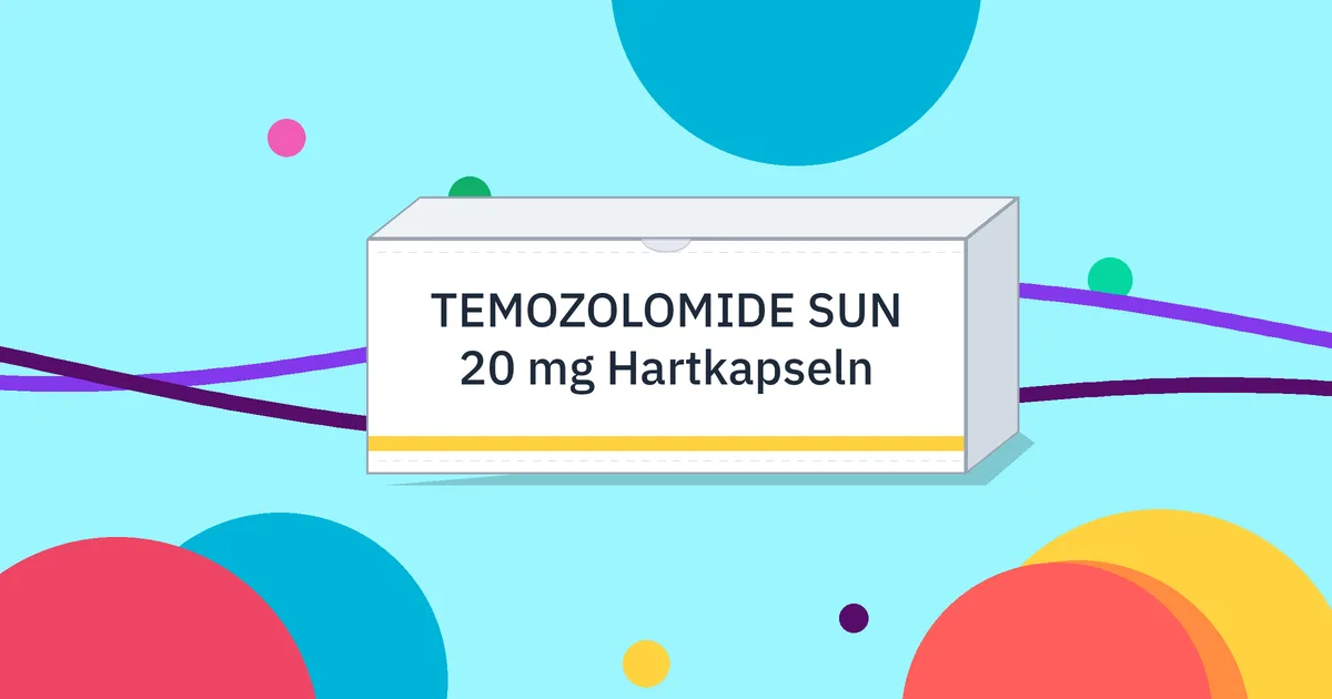 Symbolbild: Packung mit der Aufschrift TEMOZOLOMIDE SUN 20 mg Hartkapseln (PZN 17312761) – Verfügbarkeit und Bezug in Apotheken in Frankfurt am Main