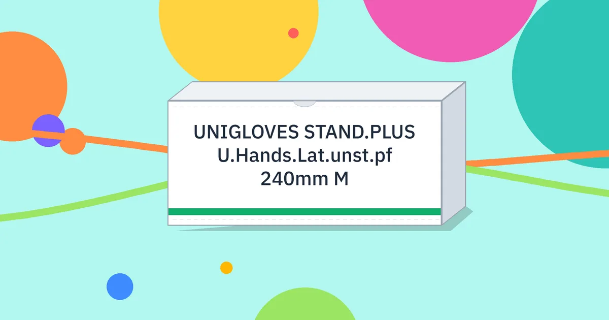 Symbolbild: Packung mit der Aufschrift UNIGLOVES STAND.PLUS U.Hands.Lat.unst.pf 240mm M (PZN 18836199) – Verfügbarkeit und Bezug in Apotheken in Frankfurt am Main