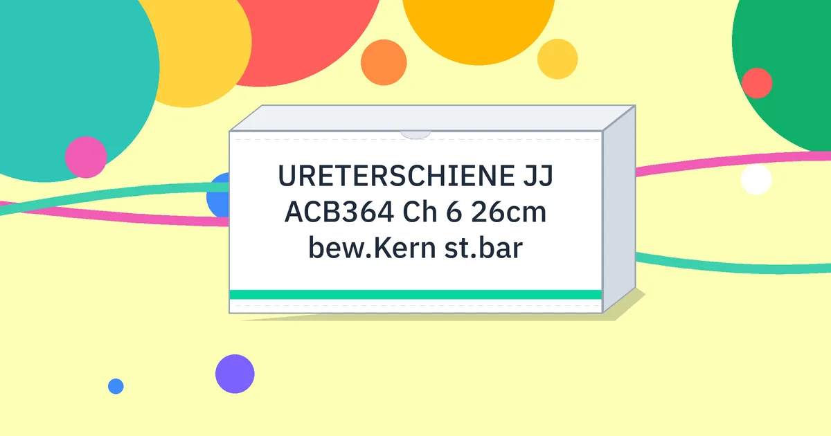 Symbolbild: Packung mit der Aufschrift URETERSCHIENE JJ ACB364 Ch 6 26cm bew.Kern st.bar (PZN 00752384) – Verfügbarkeit und Bezug in Apotheken in Frankfurt am Main