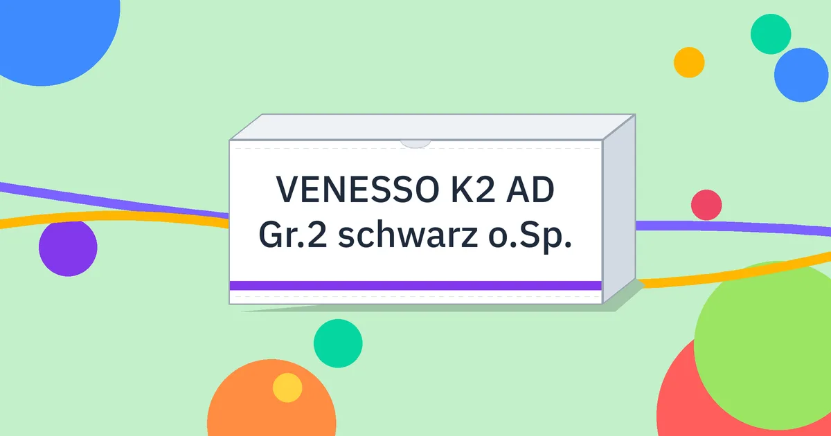 Symbolbild: Packung mit der Aufschrift VENESSO K2 AD Gr.2 schwarz o.Sp. (PZN 03260227) – Verfügbarkeit und Bezug in Apotheken in Frankfurt am Main