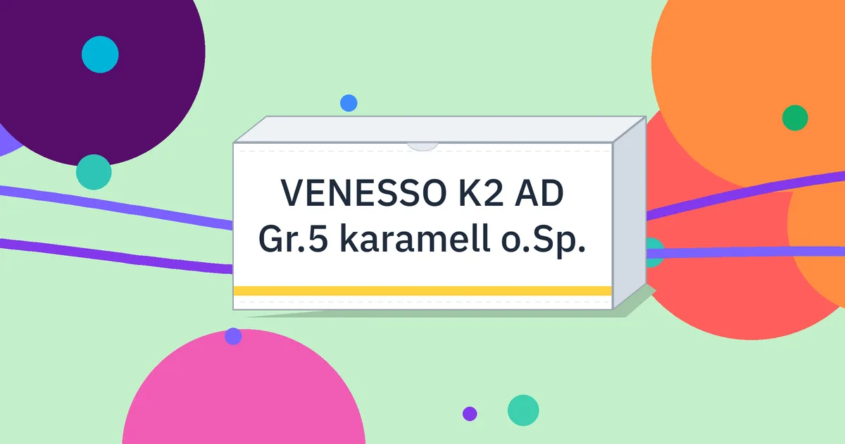 Symbolbild: Packung mit der Aufschrift VENESSO K2 AD Gr.5 karamell o.Sp. (PZN 13758170) – Verfügbarkeit und Bezug in Apotheken in Frankfurt am Main