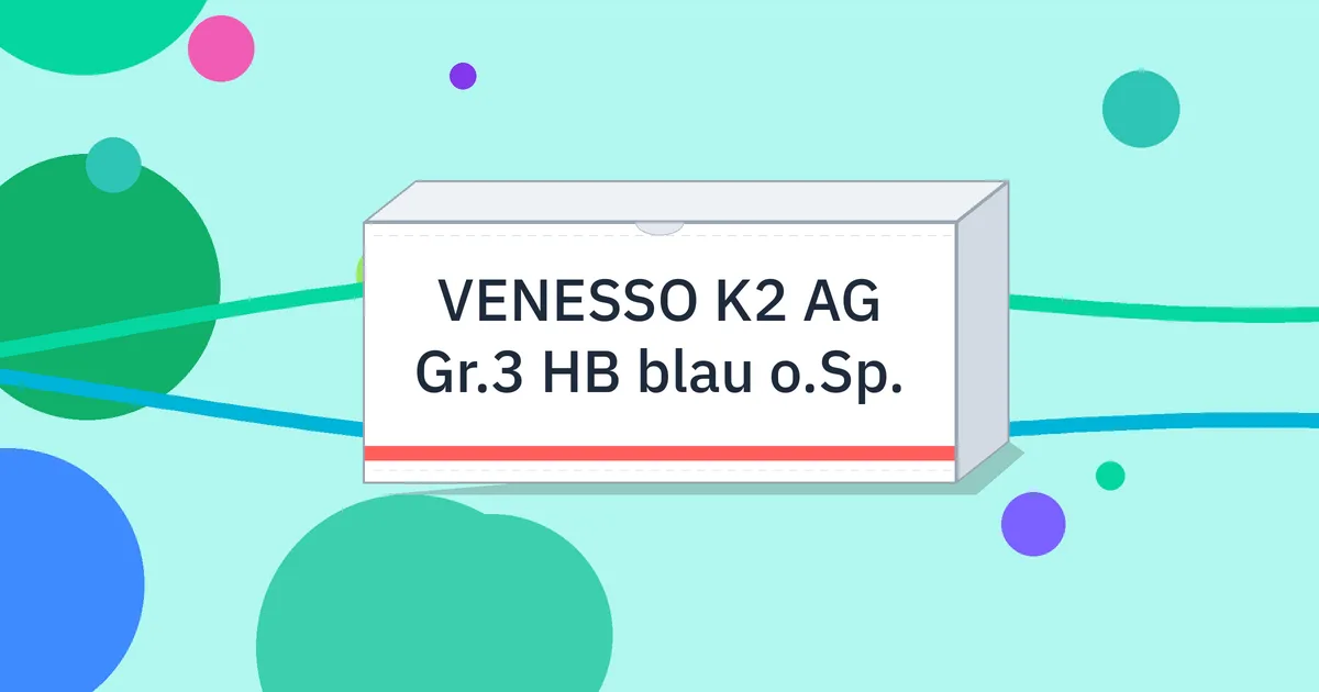 Symbolbild: Packung mit der Aufschrift VENESSO K2 AG Gr.3 HB blau o.Sp. (PZN 03265957) – Verfügbarkeit und Bezug in Apotheken in Frankfurt am Main
