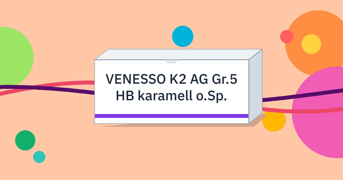 Symbolbild: Packung mit der Aufschrift VENESSO K2 AG Gr.5 HB karamell o.Sp. (PZN 13758336) – Verfügbarkeit und Bezug in Apotheken in Frankfurt am Main
