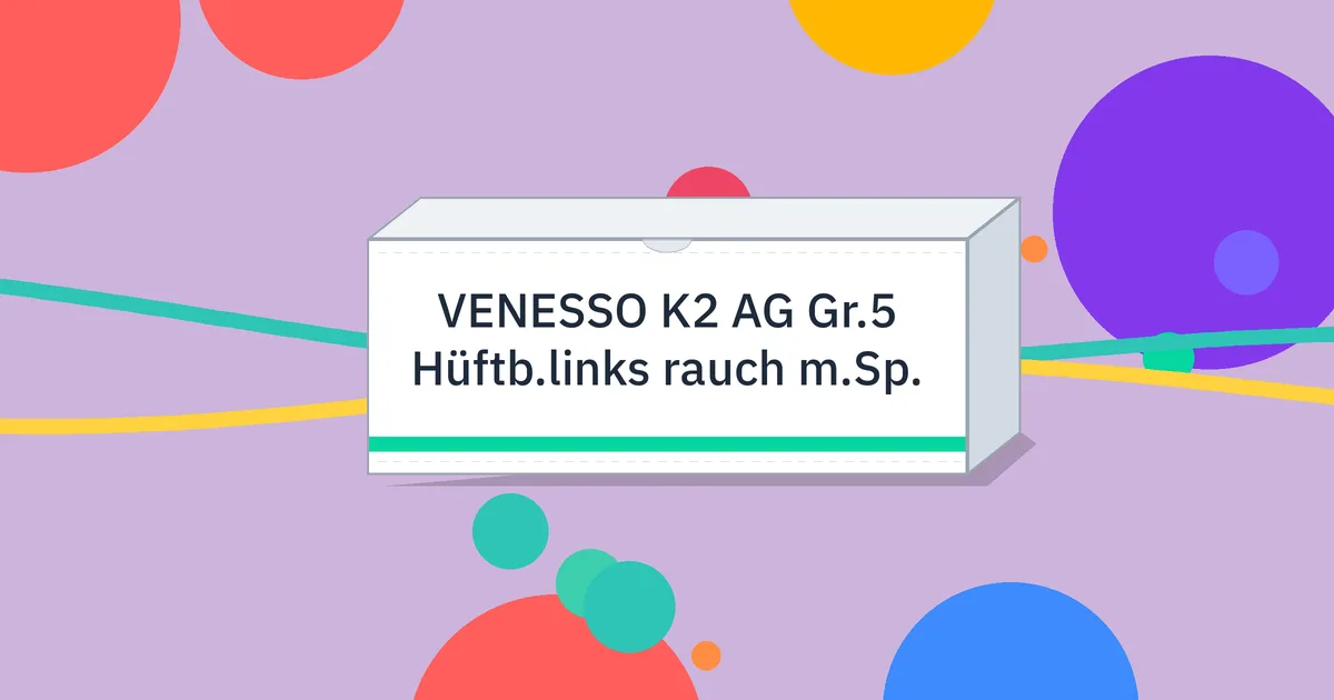 Symbolbild: Packung mit der Aufschrift VENESSO K2 AG Gr.5 Hüftb.links rauch m.Sp. (PZN 03267778) – Verfügbarkeit und Bezug in Apotheken in Frankfurt am Main