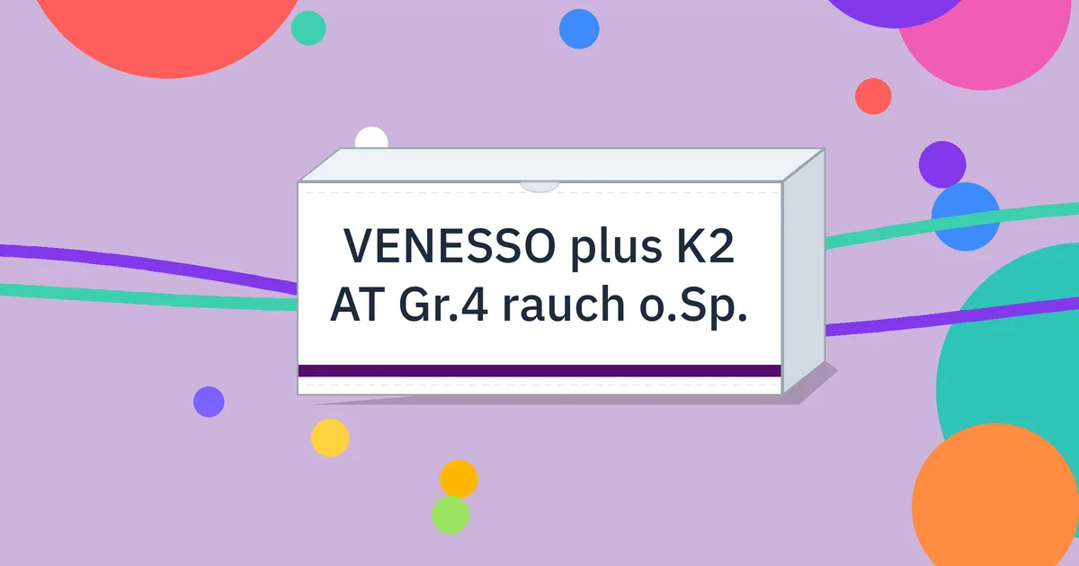 Symbolbild: Packung mit der Aufschrift VENESSO plus K2 AT Gr.4 rauch o.Sp. (PZN 03287982) – Verfügbarkeit und Bezug in Apotheken in Frankfurt am Main