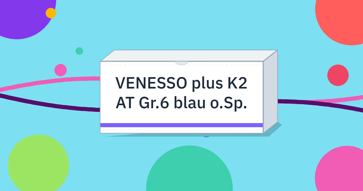 Symbolbild: Packung mit der Aufschrift VENESSO plus K2 AT Gr.6 blau o.Sp. (PZN 03288987) – Verfügbarkeit und Bezug in Apotheken in Frankfurt am Main