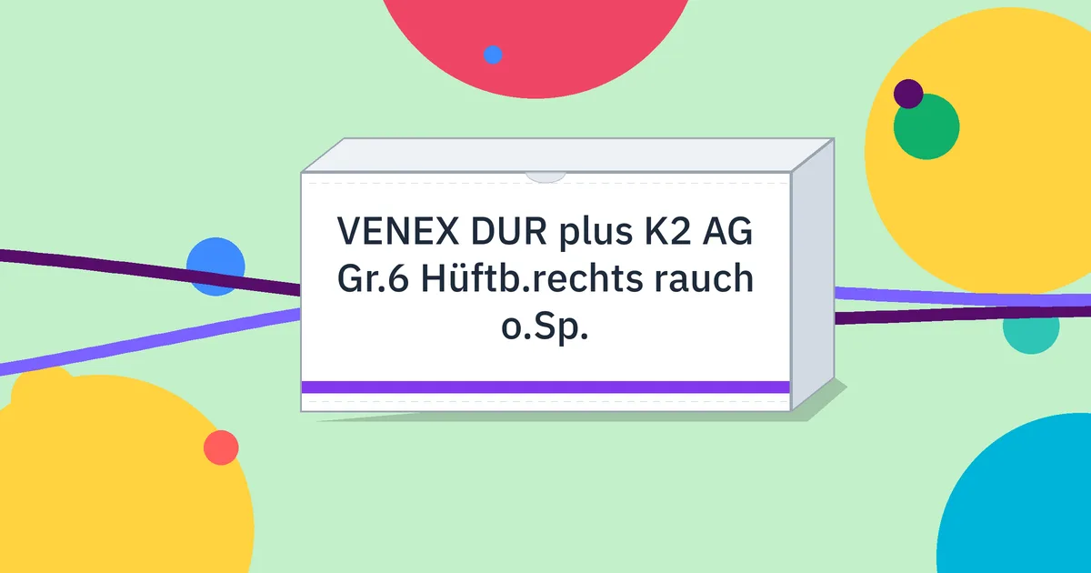 Symbolbild: Packung mit der Aufschrift VENEX DUR plus K2 AG Gr.6 Hüftb.rechts rauch o.Sp. (PZN 03239799) – Verfügbarkeit und Bezug in Apotheken in Frankfurt am Main