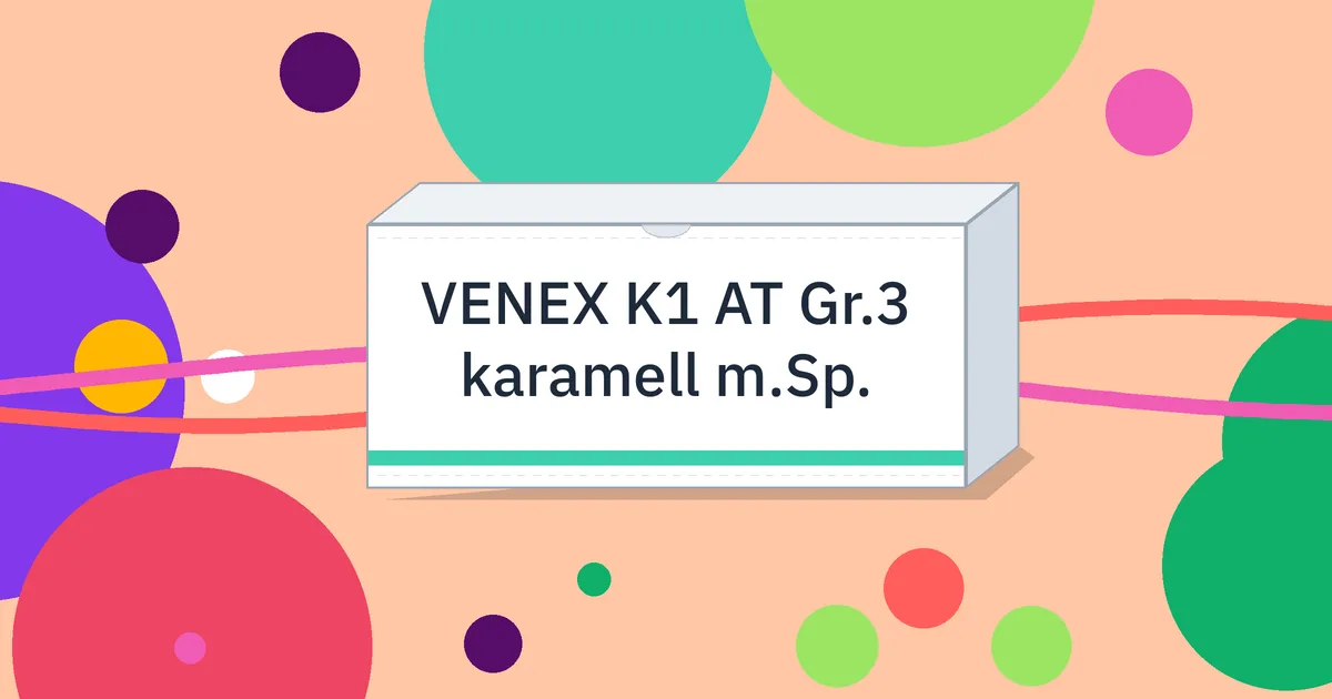 Symbolbild: Packung mit der Aufschrift VENEX K1 AT Gr.3 karamell m.Sp. (PZN 13759181) – Verfügbarkeit und Bezug in Apotheken in Frankfurt am Main
