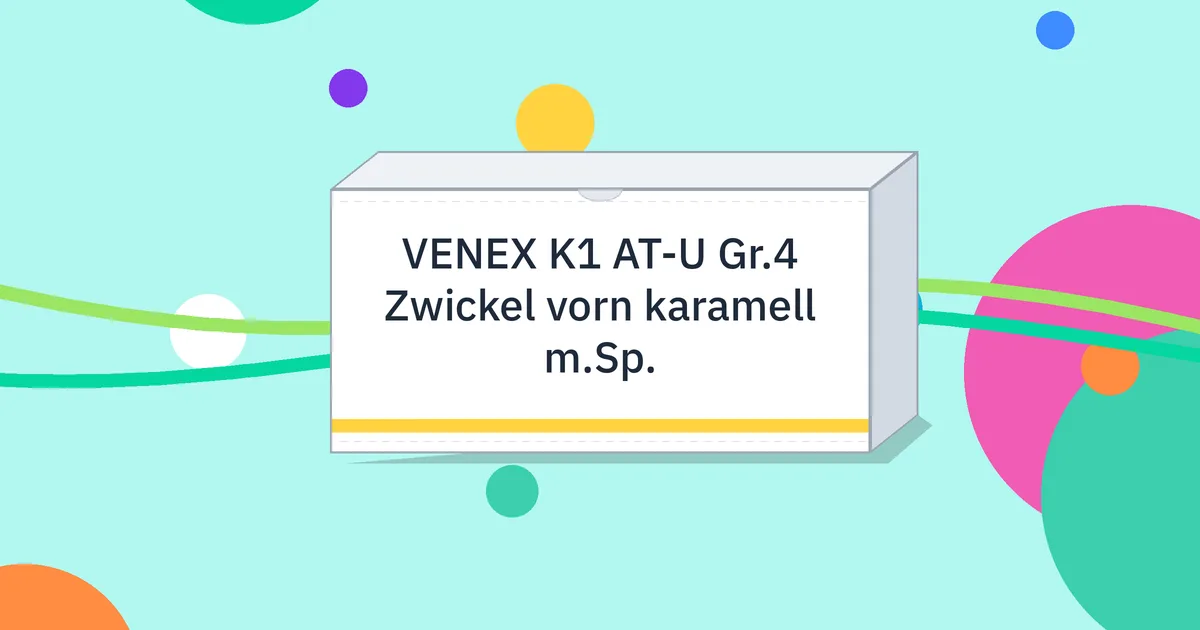 Symbolbild: Packung mit der Aufschrift VENEX K1 AT-U Gr.4 Zwickel vorn karamell m.Sp. (PZN 13759330) – Verfügbarkeit und Bezug in Apotheken in Frankfurt am Main