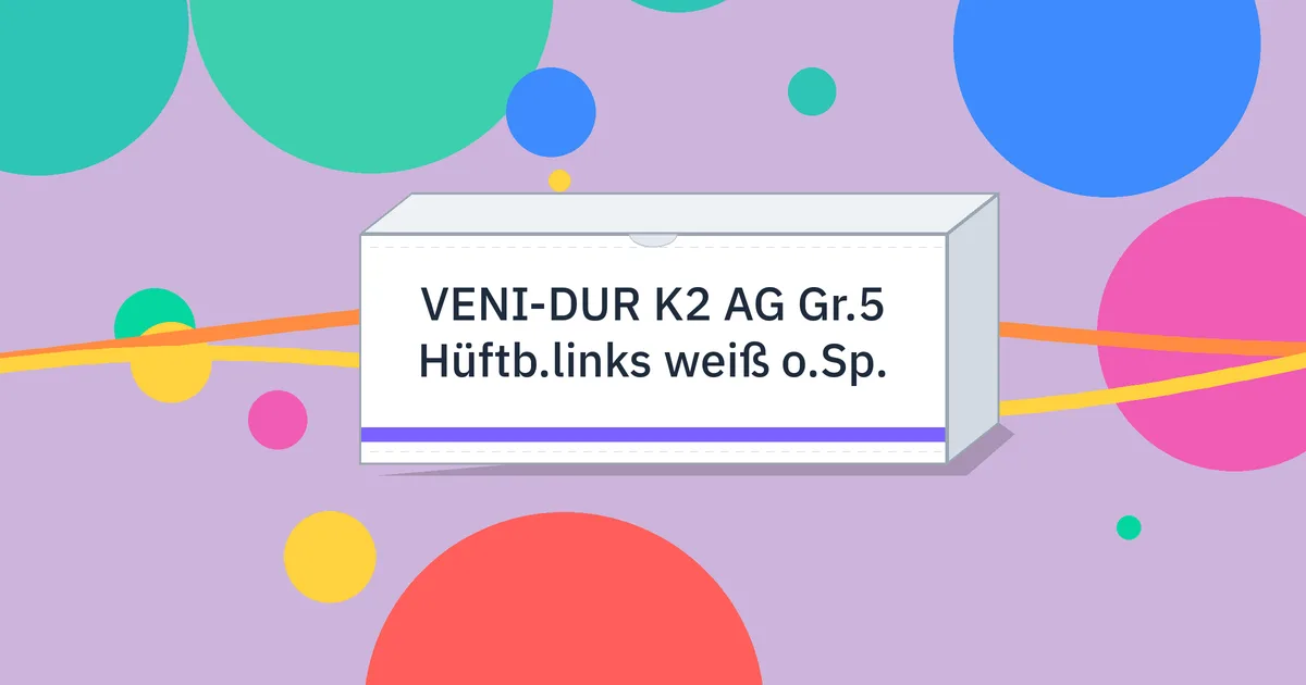 Symbolbild: Packung mit der Aufschrift VENI-DUR K2 AG Gr.5 Hüftb.links weiß o.Sp. (PZN 03254600) – Verfügbarkeit und Bezug in Apotheken in Frankfurt am Main