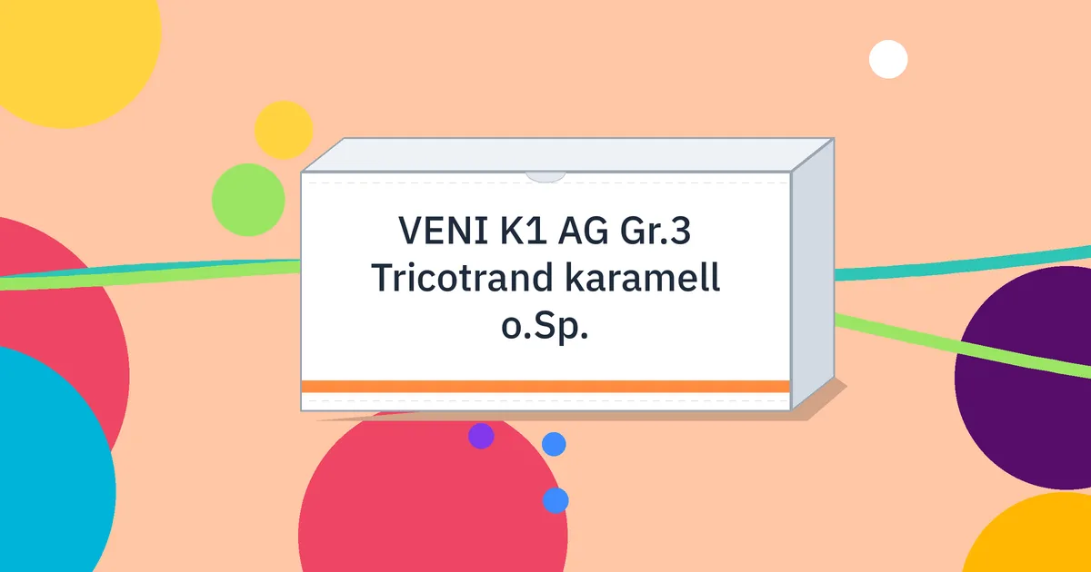 Symbolbild: Packung mit der Aufschrift VENI K1 AG Gr.3 Tricotrand karamell o.Sp. (PZN 13762295) – Verfügbarkeit und Bezug in Apotheken in Frankfurt am Main