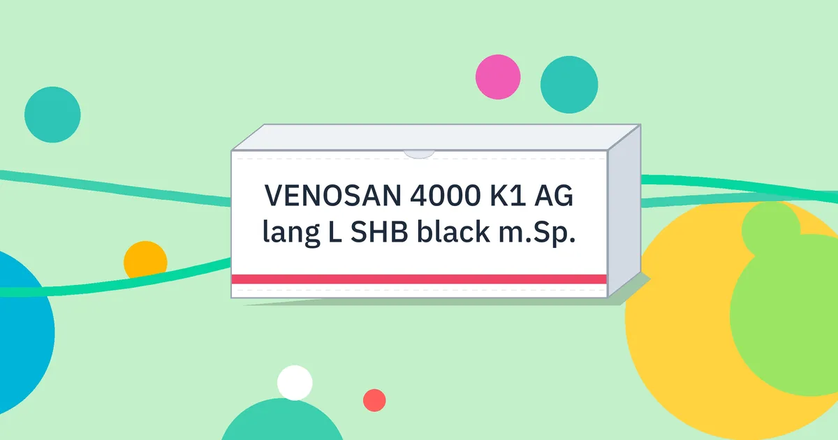 Symbolbild: Packung mit der Aufschrift VENOSAN 4000 K1 AG lang L SHB black m.Sp. (PZN 14426820) – Verfügbarkeit und Bezug in Apotheken in Frankfurt am Main