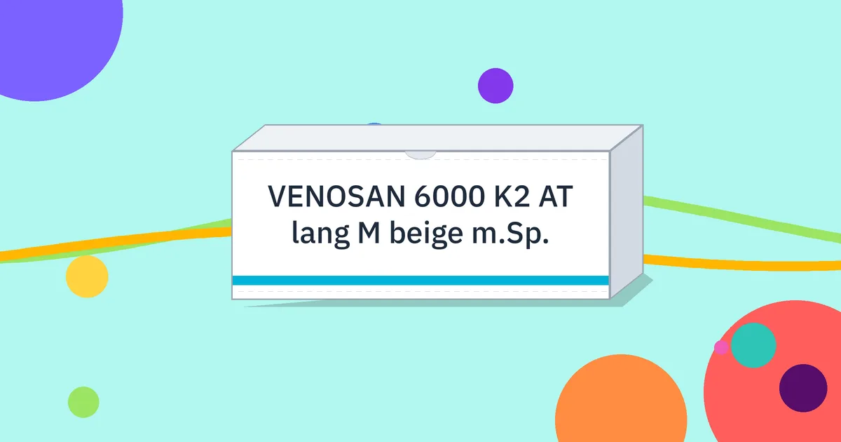 Symbolbild: Packung mit der Aufschrift VENOSAN 6000 K2 AT lang M beige m.Sp. (PZN 17173147) – Verfügbarkeit und Bezug in Apotheken in Frankfurt am Main