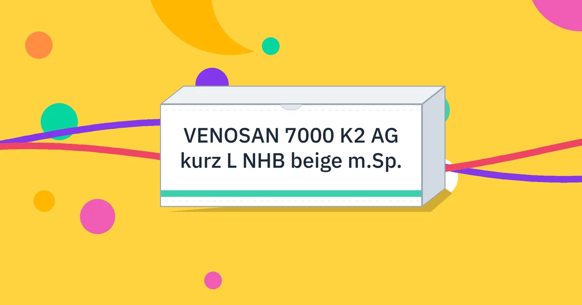 Symbolbild: Packung mit der Aufschrift VENOSAN 7000 K2 AG kurz L NHB beige m.Sp. (PZN 14434908) – Verfügbarkeit und Bezug in Apotheken in Frankfurt am Main