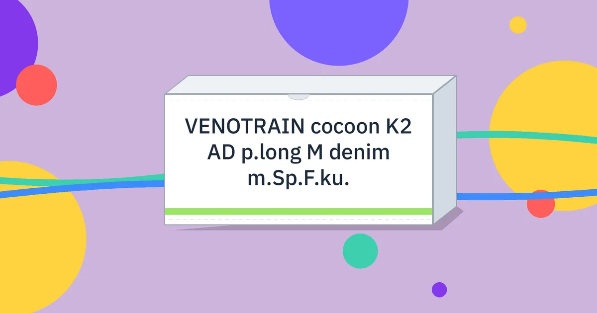 Symbolbild: Packung mit der Aufschrift VENOTRAIN cocoon K2 AD p.long M denim m.Sp.F.ku. (PZN 19199033) – Verfügbarkeit und Bezug in Apotheken in Frankfurt am Main