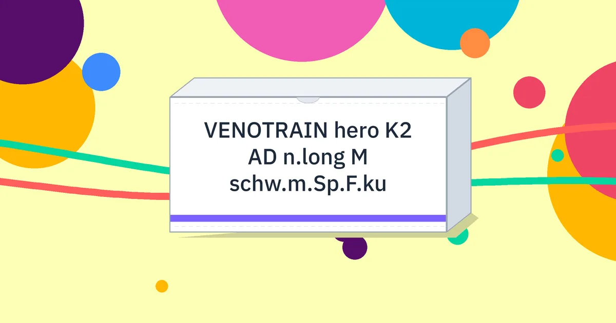Symbolbild: Packung mit der Aufschrift VENOTRAIN hero K2 AD n.long M schw.m.Sp.F.ku (PZN 19189626) – Verfügbarkeit und Bezug in Apotheken in Frankfurt am Main