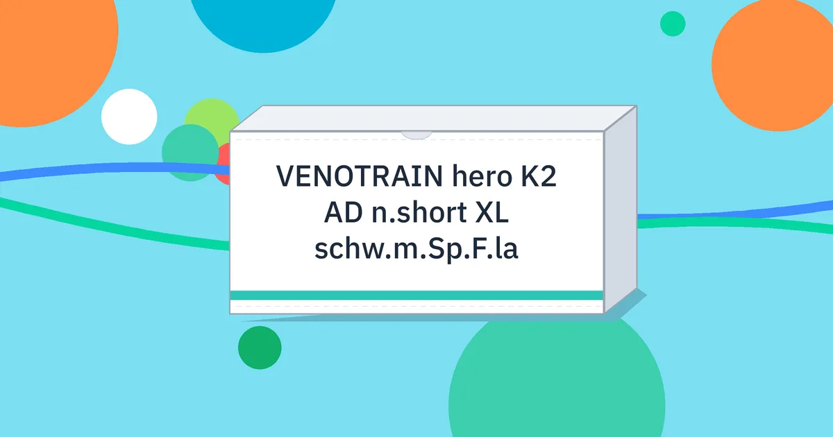 Symbolbild: Packung mit der Aufschrift VENOTRAIN hero K2 AD n.short XL schw.m.Sp.F.la (PZN 19189885) – Verfügbarkeit und Bezug in Apotheken in Frankfurt am Main