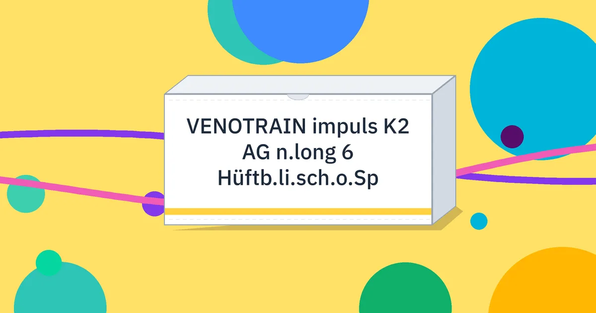 Symbolbild: Packung mit der Aufschrift VENOTRAIN impuls K2 AG n.long 6 Hüftb.li.sch.o.Sp (PZN 10295060) – Verfügbarkeit und Bezug in Apotheken in Frankfurt am Main
