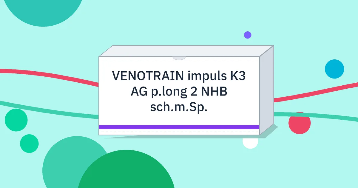 Symbolbild: Packung mit der Aufschrift VENOTRAIN impuls K3 AG p.long 2 NHB sch.m.Sp. (PZN 00531453) – Verfügbarkeit und Bezug in Apotheken in Frankfurt am Main