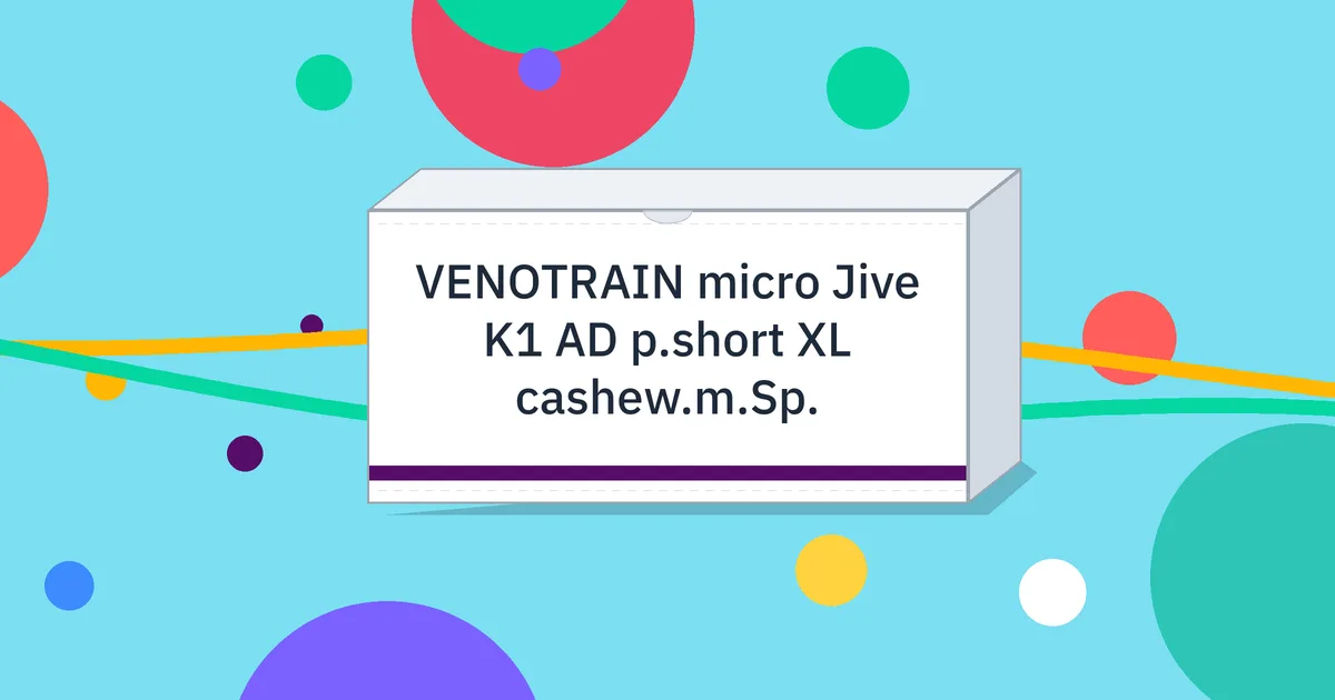 Symbolbild: Packung mit der Aufschrift VENOTRAIN micro Jive K1 AD p.short XL cashew.m.Sp. (PZN 20768306) – Verfügbarkeit und Bezug in Apotheken in Frankfurt am Main