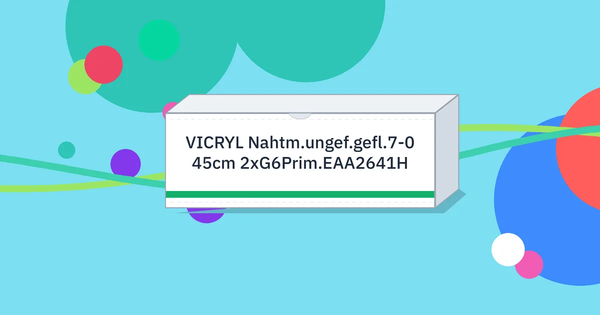 Symbolbild: Packung mit der Aufschrift VICRYL Nahtm.ungef.gefl.7-0 45cm 2xG6Prim.EAA2641H (PZN 20854827) – Verfügbarkeit und Bezug in Apotheken in Frankfurt am Main