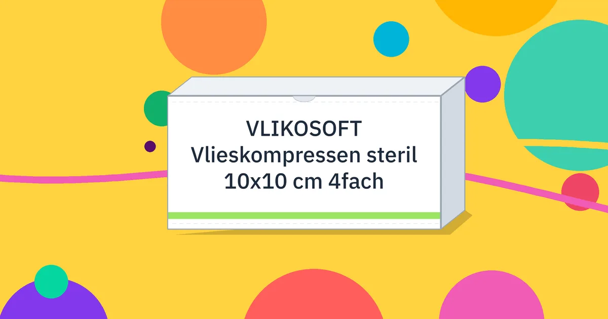 Symbolbild: Packung mit der Aufschrift VLIKOSOFT Vlieskompressen steril 10x10 cm 4fach (PZN 19721268) – Verfügbarkeit und Bezug in Apotheken in Frankfurt am Main