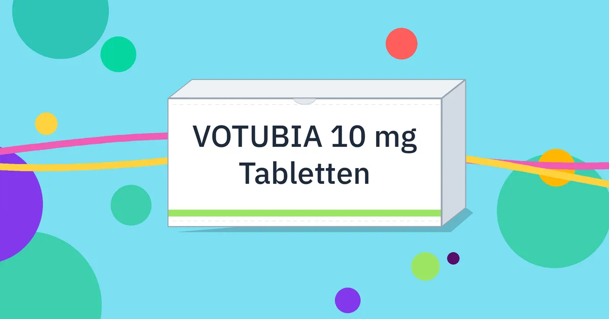 Symbolbild: Packung mit der Aufschrift VOTUBIA 10 mg Tabletten (PZN 20589319) – Verfügbarkeit und Bezug in Apotheken in Frankfurt am Main