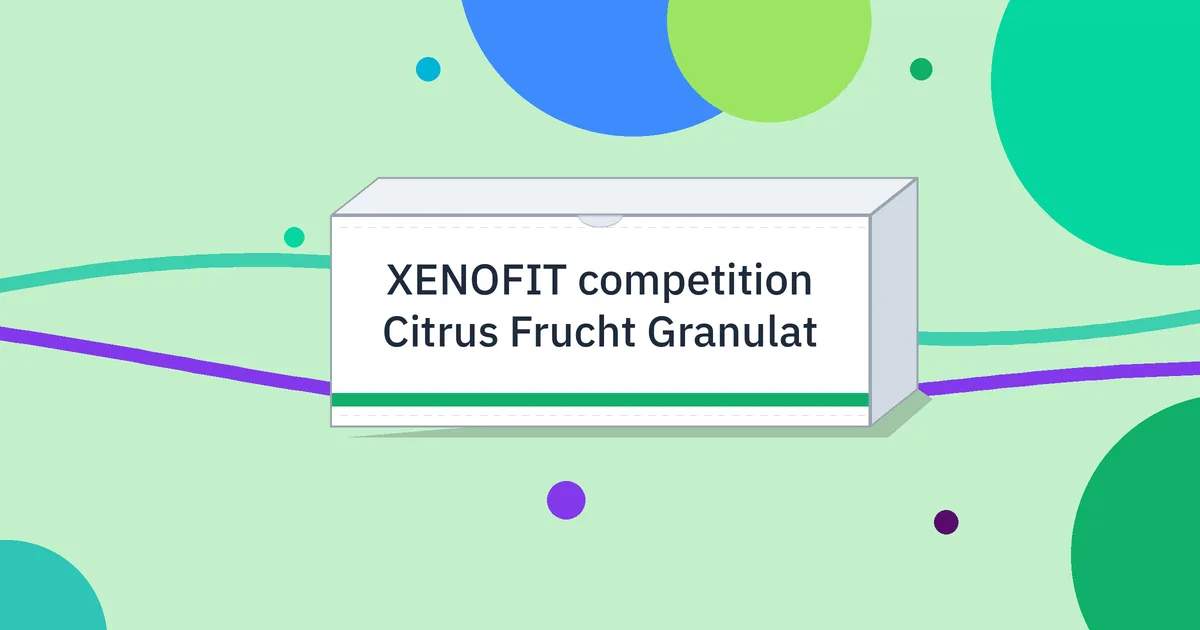 Symbolbild: Packung mit der Aufschrift XENOFIT competition Citrus Frucht Granulat (PZN 20418581) – Verfügbarkeit und Bezug in Apotheken in Frankfurt am Main