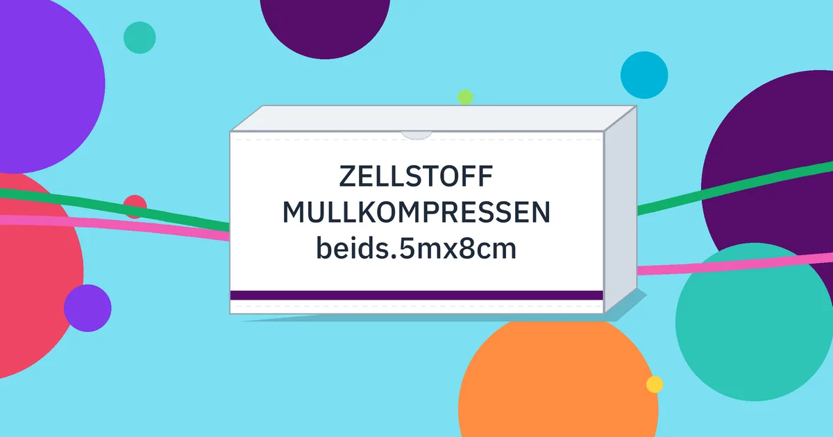 Symbolbild: Packung mit der Aufschrift ZELLSTOFF MULLKOMPRESSEN beids.5mx8cm (PZN 01723031) – Verfügbarkeit und Bezug in Apotheken in Frankfurt am Main