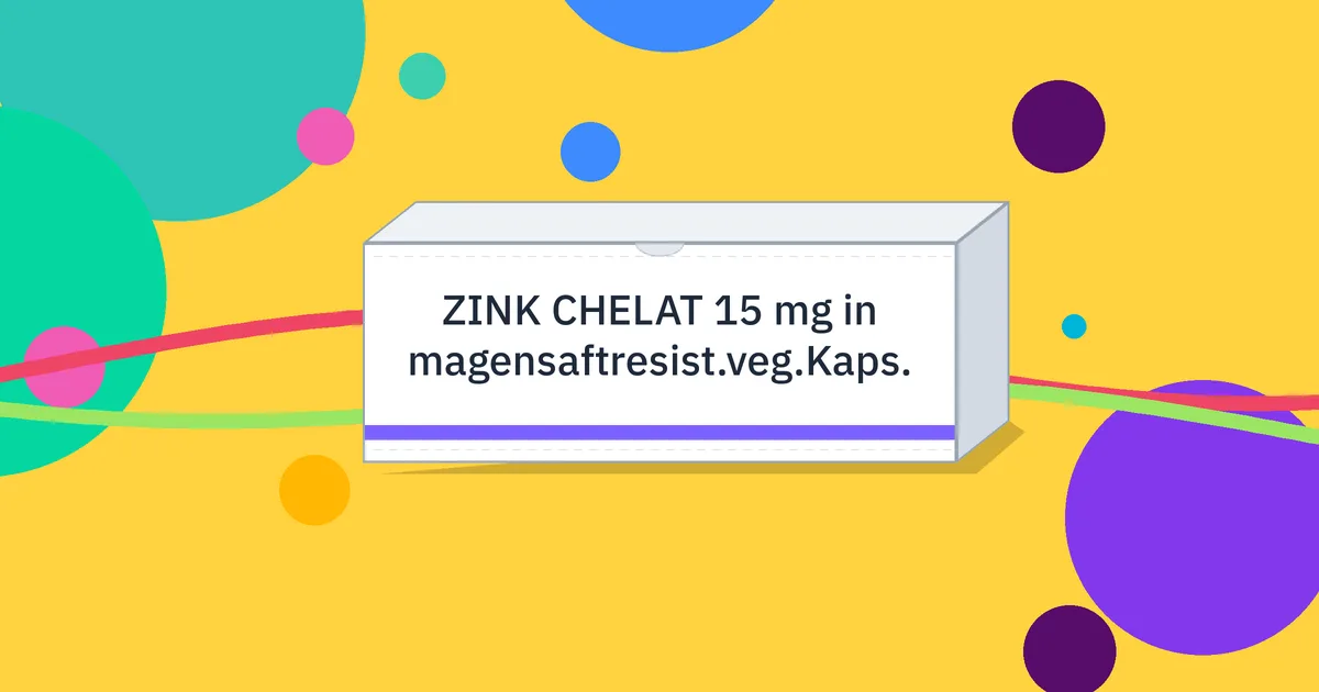 Symbolbild: Packung mit der Aufschrift ZINK CHELAT 15 mg in magensaftresist.veg.Kaps. (PZN 13427987) – Verfügbarkeit und Bezug in Apotheken in Frankfurt am Main