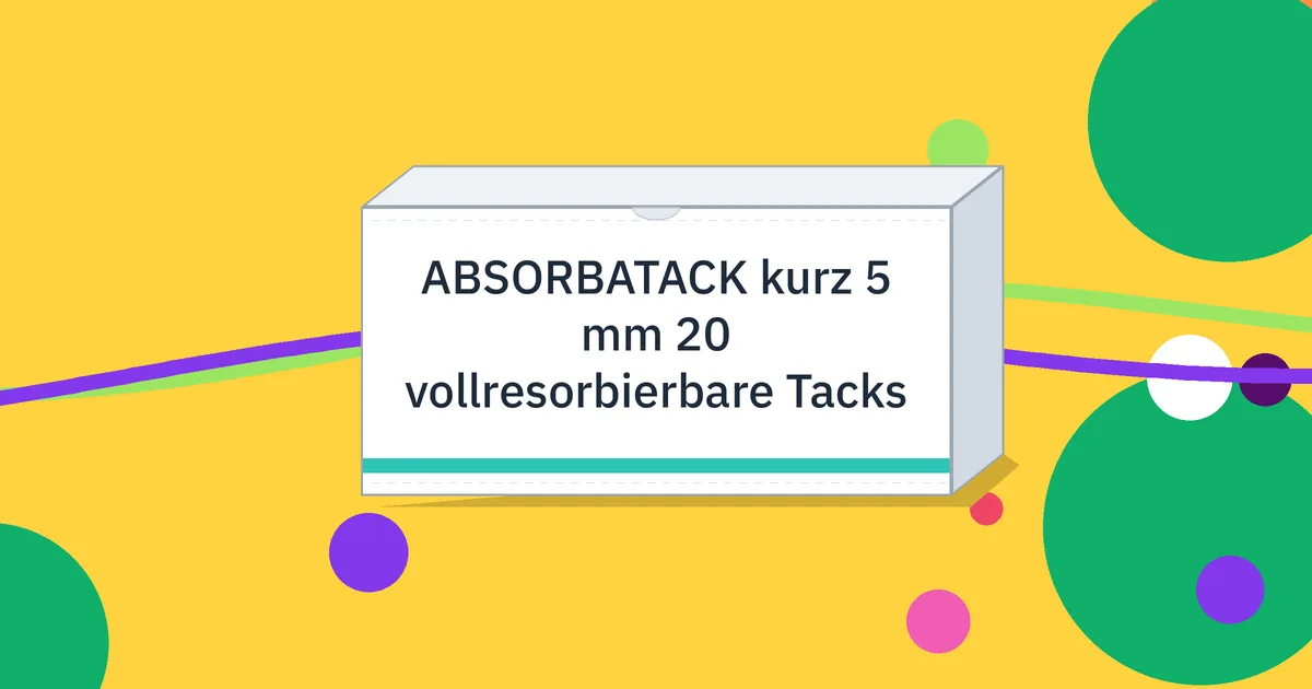 Symbolbild: Packung mit der Aufschrift ABSORBATACK kurz 5 mm 20 vollresorbierbare Tacks (PZN 18258710) – Verfügbarkeit und Bezug in Apotheken in Frankfurt am Main
