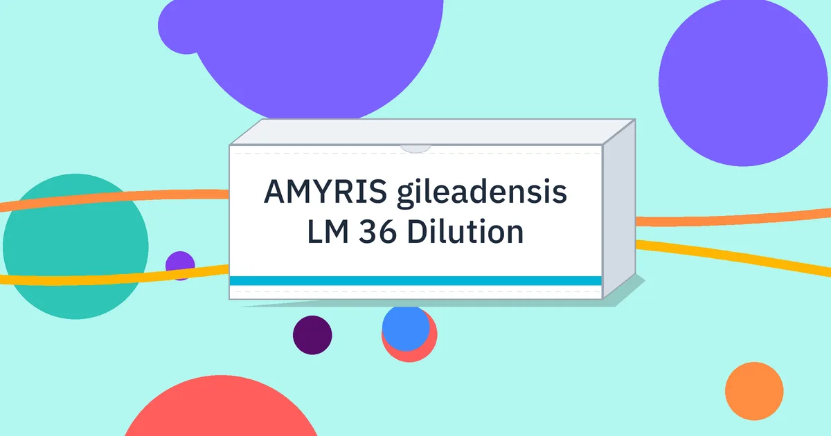Symbolbild: Packung mit der Aufschrift AMYRIS gileadensis LM 36 Dilution (PZN 13327197) – Verfügbarkeit und Bezug in Apotheken in Frankfurt am Main