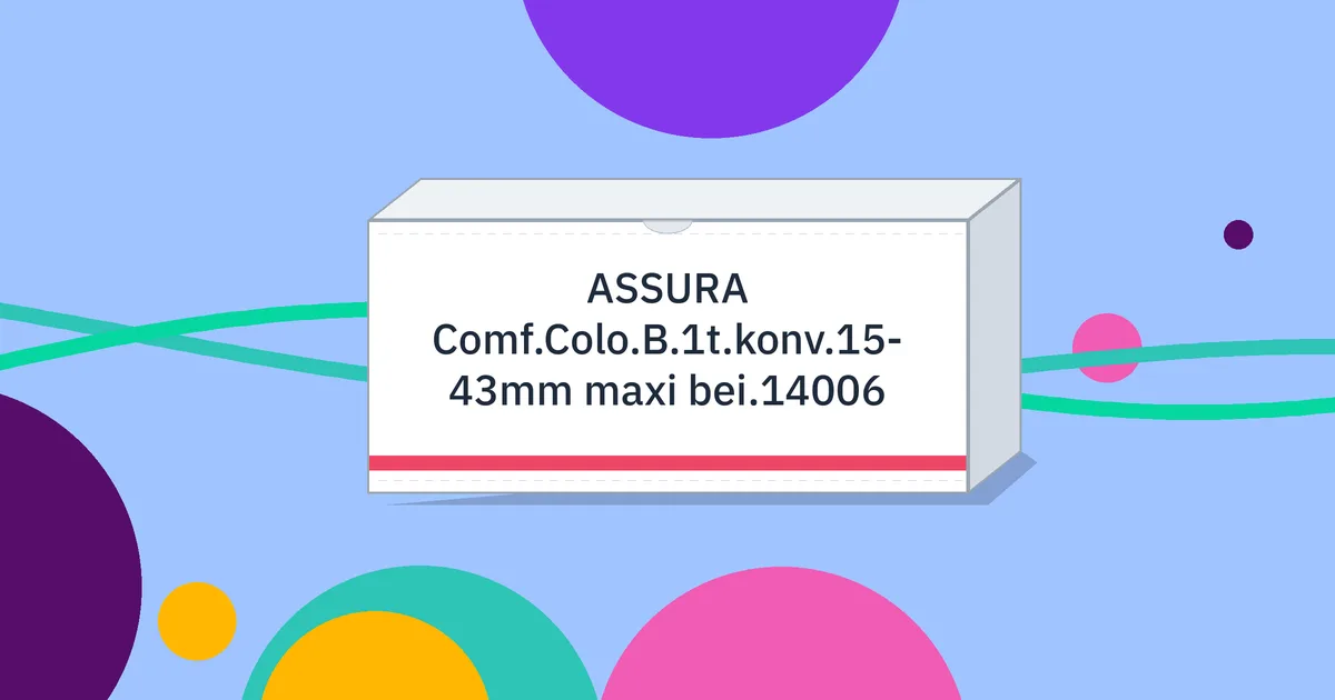 Symbolbild: Packung mit der Aufschrift ASSURA Comf.Colo.B.1t.konv.15-43mm maxi bei.14006 (PZN 01689707) – Verfügbarkeit und Bezug in Apotheken in Frankfurt am Main