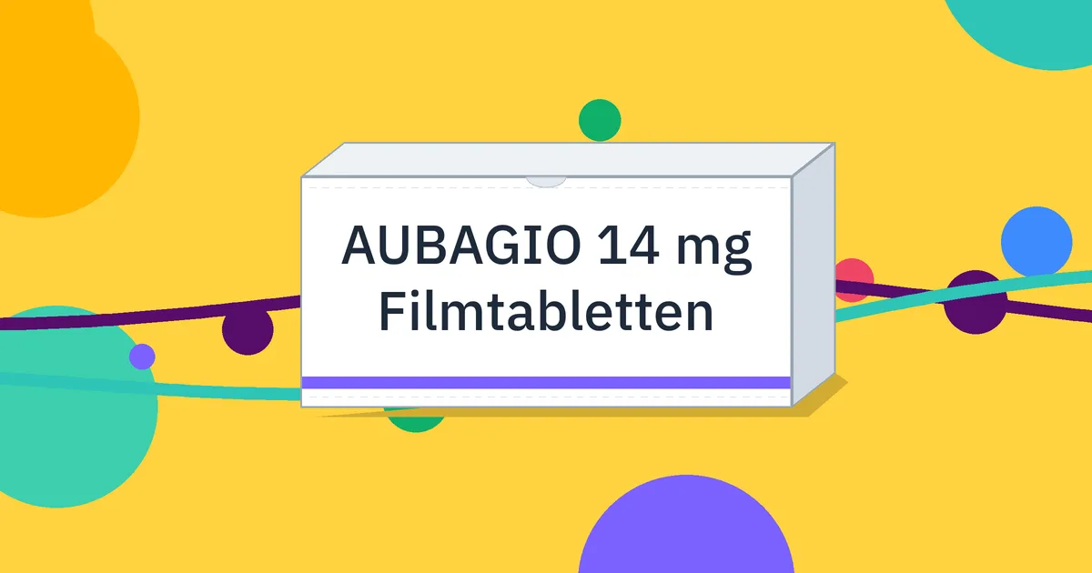 Symbolbild: Packung mit der Aufschrift AUBAGIO 14 mg Filmtabletten (PZN 12443636) – Verfügbarkeit und Bezug in Apotheken in Frankfurt am Main