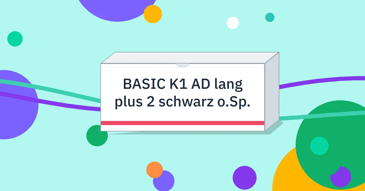 Symbolbild: Packung mit der Aufschrift BASIC K1 AD lang plus 2 schwarz o.Sp. (PZN 20257333) – Verfügbarkeit und Bezug in Apotheken in Frankfurt am Main