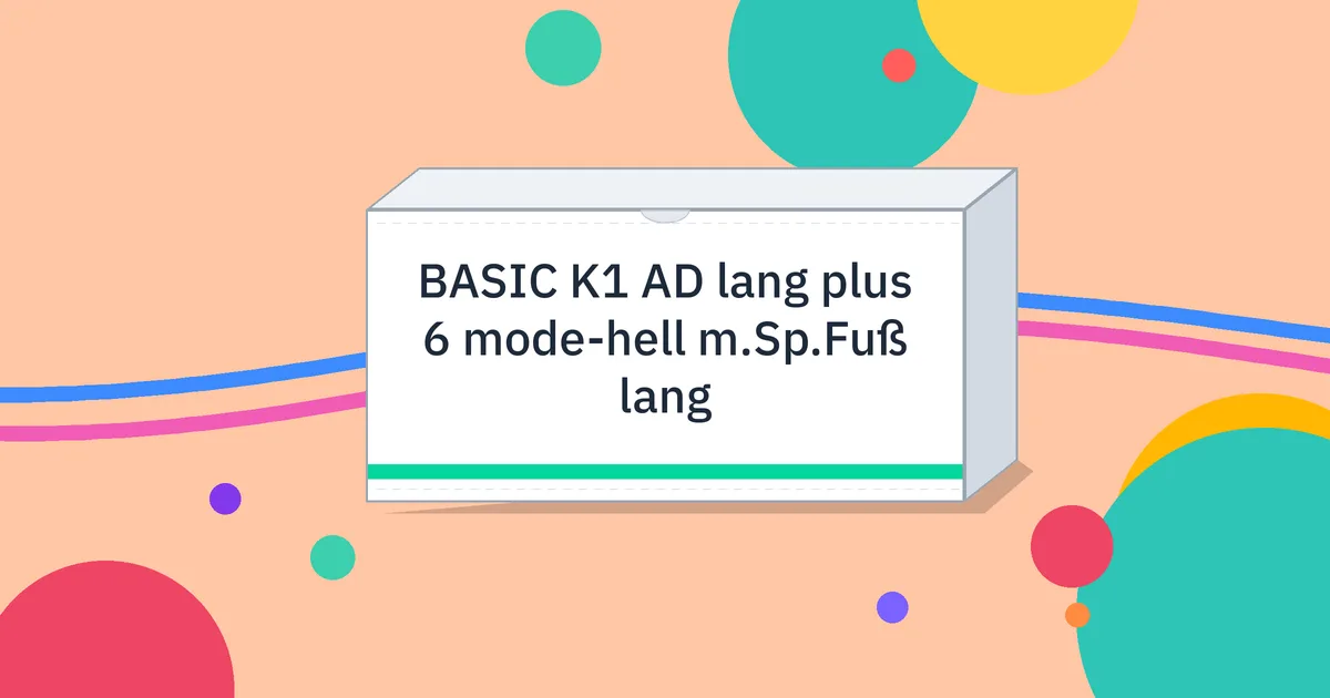 Symbolbild: Packung mit der Aufschrift BASIC K1 AD lang plus 6 mode-hell m.Sp.Fuß lang (PZN 20259289) – Verfügbarkeit und Bezug in Apotheken in Frankfurt am Main