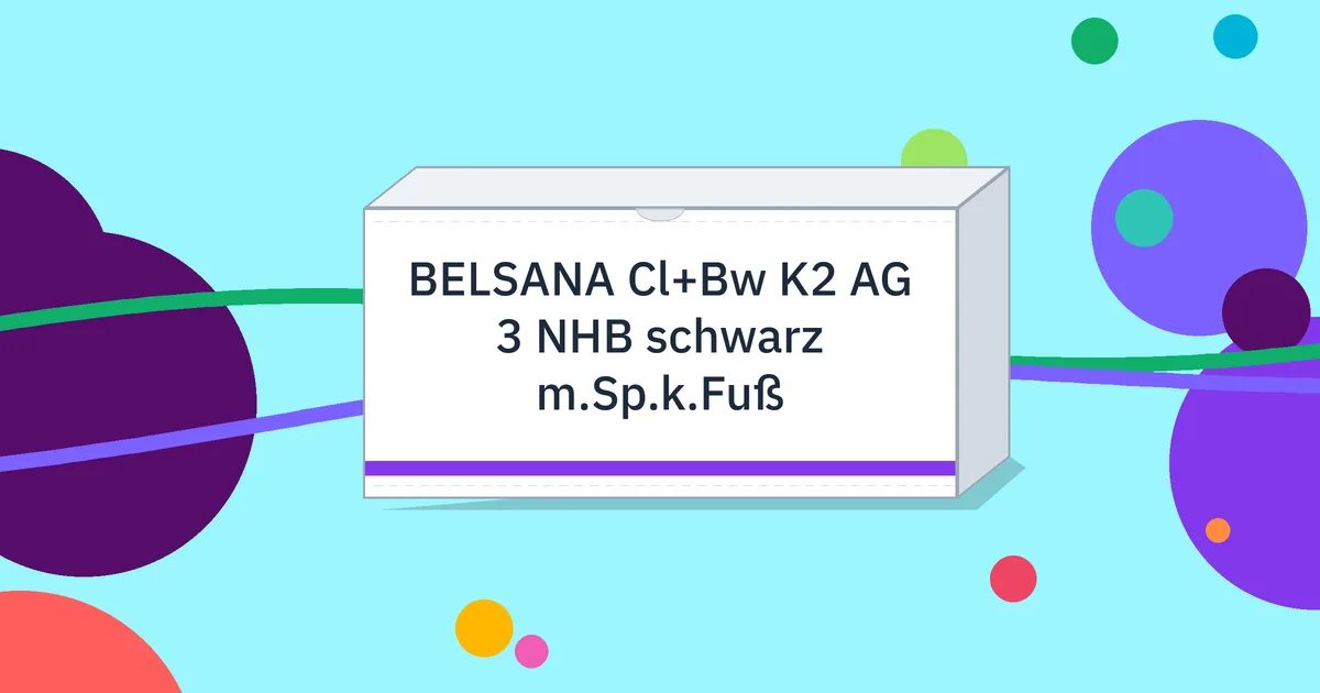 Symbolbild: Packung mit der Aufschrift BELSANA Cl+Bw K2 AG 3 NHB schwarz m.Sp.k.Fuß (PZN 12243452) – Verfügbarkeit und Bezug in Apotheken in Frankfurt am Main