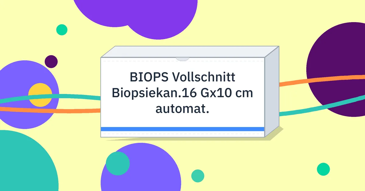 Symbolbild: Packung mit der Aufschrift BIOPS Vollschnitt Biopsiekan.16 Gx10 cm automat. (PZN 06123092) – Verfügbarkeit und Bezug in Apotheken in Frankfurt am Main
