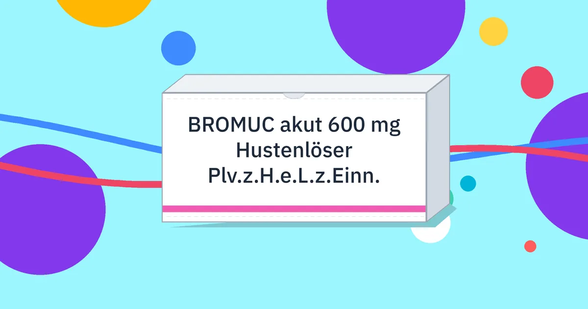Symbolbild: Packung mit der Aufschrift BROMUC akut 600 mg Hustenlöser Plv.z.H.e.L.z.Einn. (PZN 11353144) – Verfügbarkeit und Bezug in Apotheken in Frankfurt am Main