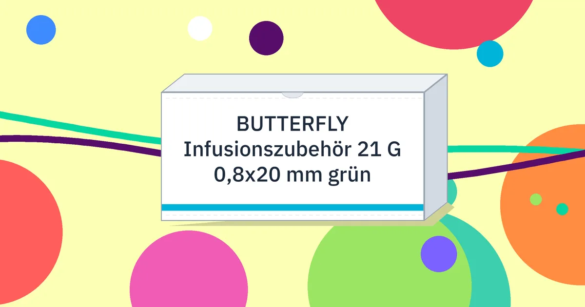 Symbolbild: Packung mit der Aufschrift BUTTERFLY Infusionszubehör 21 G 0,8x20 mm grün (PZN 19699155) – Verfügbarkeit und Bezug in Apotheken in Frankfurt am Main