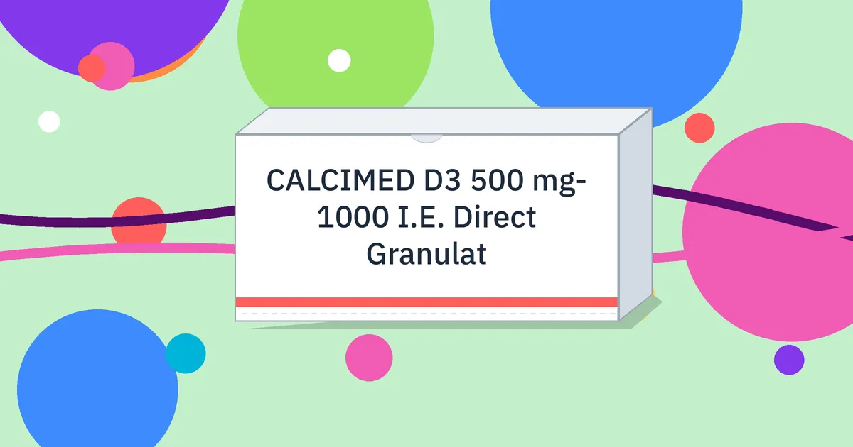 Symbolbild: Packung mit der Aufschrift CALCIMED D3 500 mg-1000 I.E. Direct Granulat (PZN 12414066) – Verfügbarkeit und Bezug in Apotheken in Frankfurt am Main