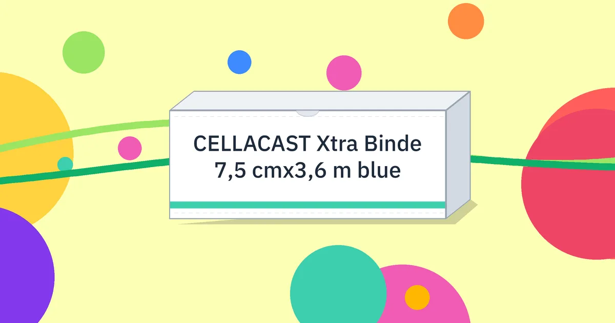 Symbolbild: Packung mit der Aufschrift CELLACAST Xtra Binde 7,5 cmx3,6 m blue (PZN 11382051) – Verfügbarkeit und Bezug in Apotheken in Frankfurt am Main
