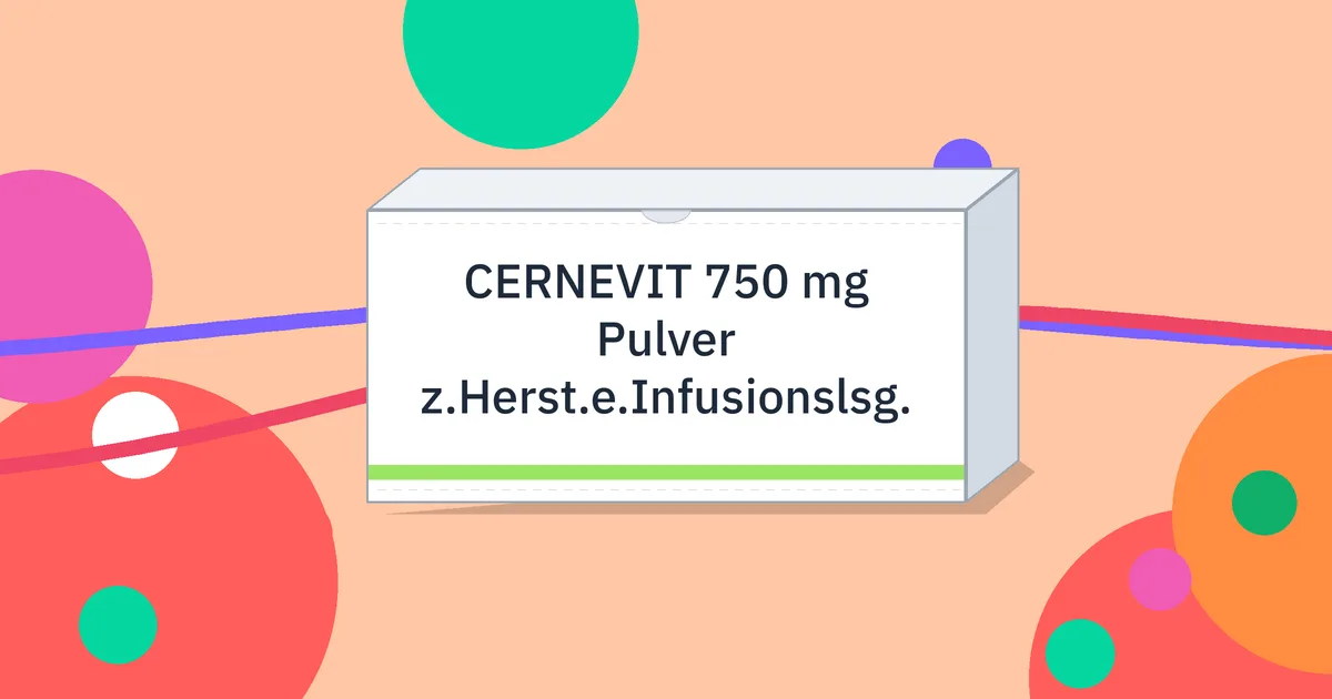 Symbolbild: Packung mit der Aufschrift CERNEVIT 750 mg Pulver z.Herst.e.Infusionslsg. (PZN 11018173) – Verfügbarkeit und Bezug in Apotheken in Frankfurt am Main