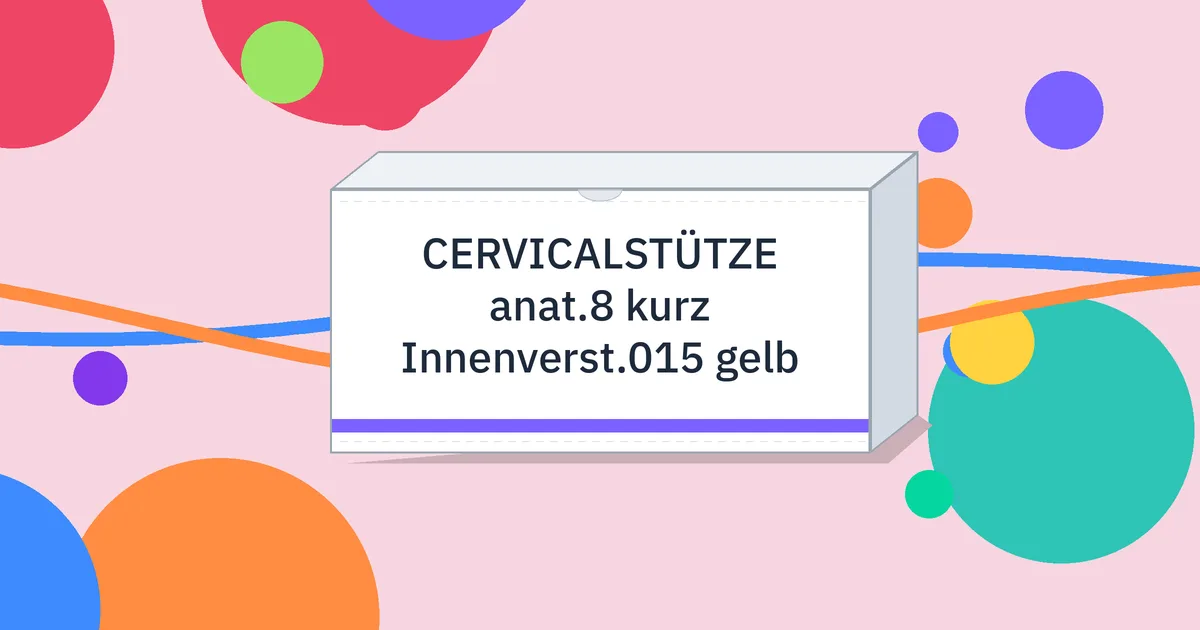 Symbolbild: Packung mit der Aufschrift CERVICALSTÜTZE anat.8 kurz Innenverst.015 gelb (PZN 08894971) – Verfügbarkeit und Bezug in Apotheken in Frankfurt am Main