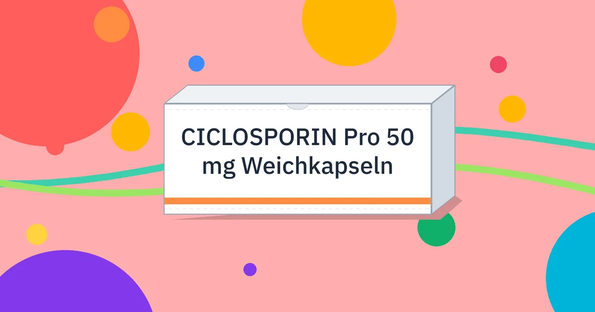 Symbolbild: Packung mit der Aufschrift CICLOSPORIN Pro 50 mg Weichkapseln (PZN 02702781) – Verfügbarkeit und Bezug in Apotheken in Frankfurt am Main