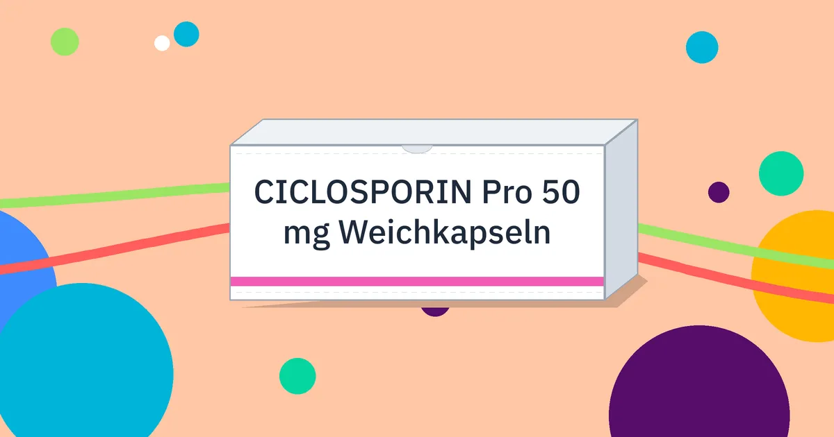 Symbolbild: Packung mit der Aufschrift CICLOSPORIN Pro 50 mg Weichkapseln (PZN 19984708) – Verfügbarkeit und Bezug in Apotheken in Frankfurt am Main