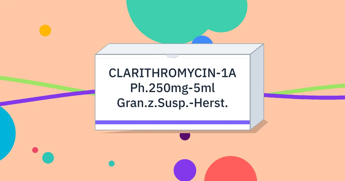 Symbolbild: Packung mit der Aufschrift CLARITHROMYCIN-1A Ph.250mg-5ml Gran.z.Susp.-Herst. (PZN 04332377) – Verfügbarkeit und Bezug in Apotheken in Frankfurt am Main