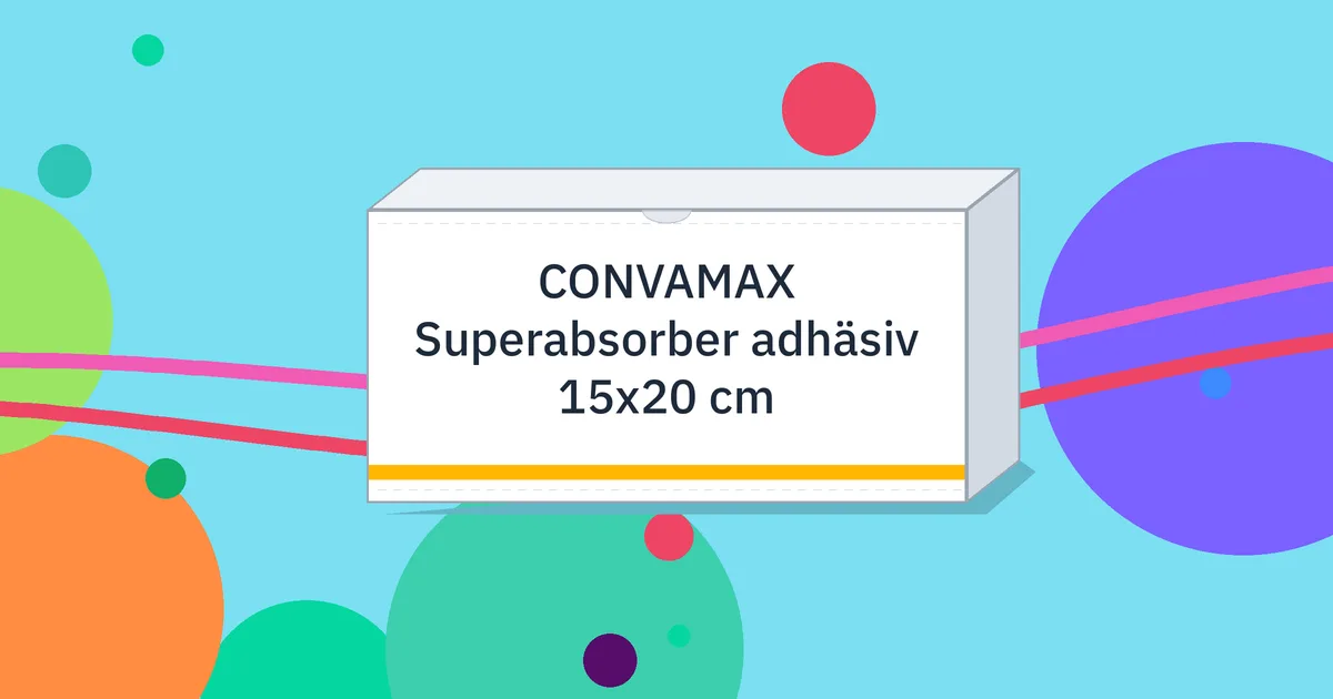 Symbolbild: Packung mit der Aufschrift CONVAMAX Superabsorber adhäsiv 15x20 cm (PZN 20629438) – Verfügbarkeit und Bezug in Apotheken in Frankfurt am Main