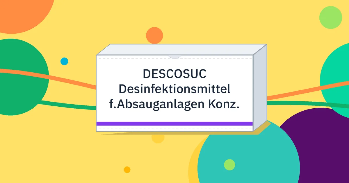 Symbolbild: Packung mit der Aufschrift DESCOSUC Desinfektionsmittel f.Absauganlagen Konz. (PZN 18655523) – Verfügbarkeit und Bezug in Apotheken in Frankfurt am Main