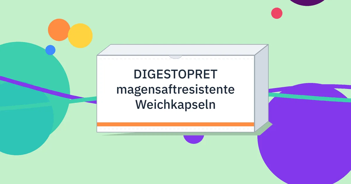 Symbolbild: Packung mit der Aufschrift DIGESTOPRET magensaftresistente Weichkapseln (PZN 18428224) – Verfügbarkeit und Bezug in Apotheken in Frankfurt am Main